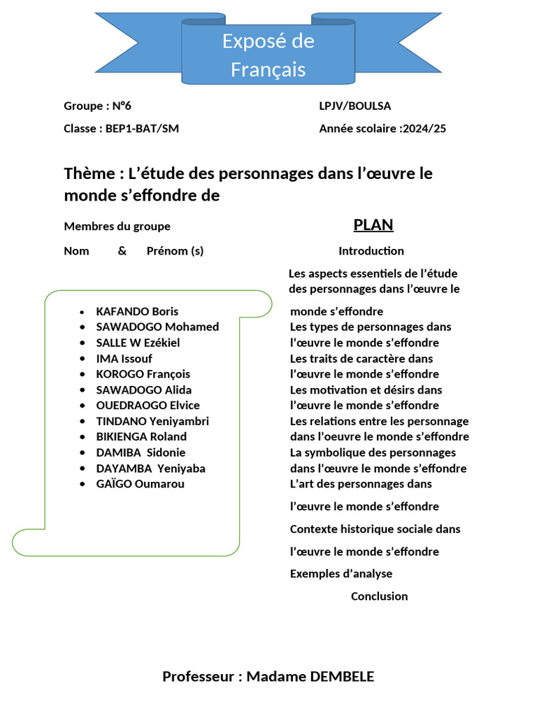 Analyse des personnages dans "Le Monde s'effondre" | PDF