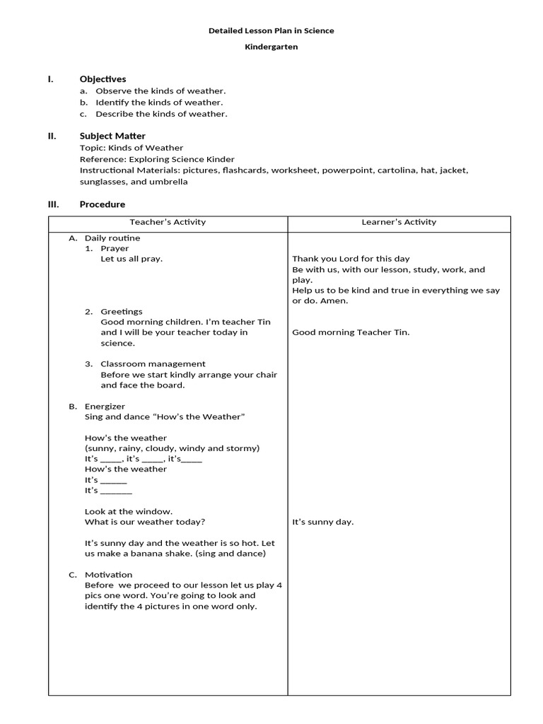 Kindergarten Weather Lesson Plan | PDF | Sky | Weather