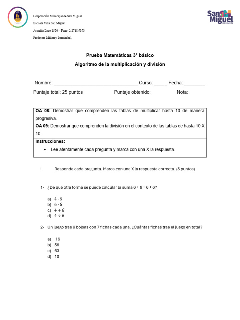 Prueba de Matemáticas 3° Básico: Multiplicación y División | PDF ...
