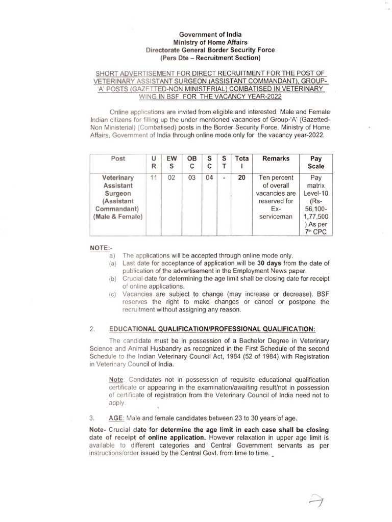 BSF Assistant Commandant Notification 2023 | PDF