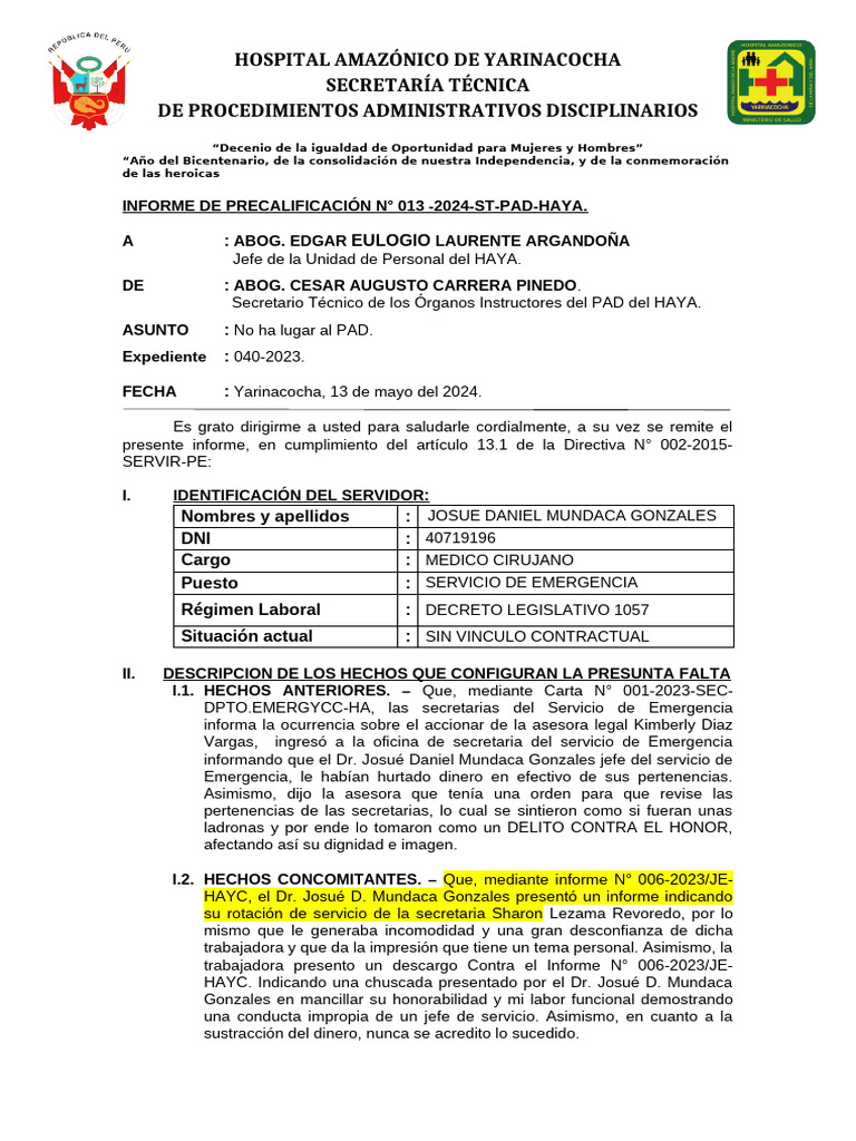 Informe de Precalificación Dr. Josue Mundaca Gonzales | PDF | Justicia ...