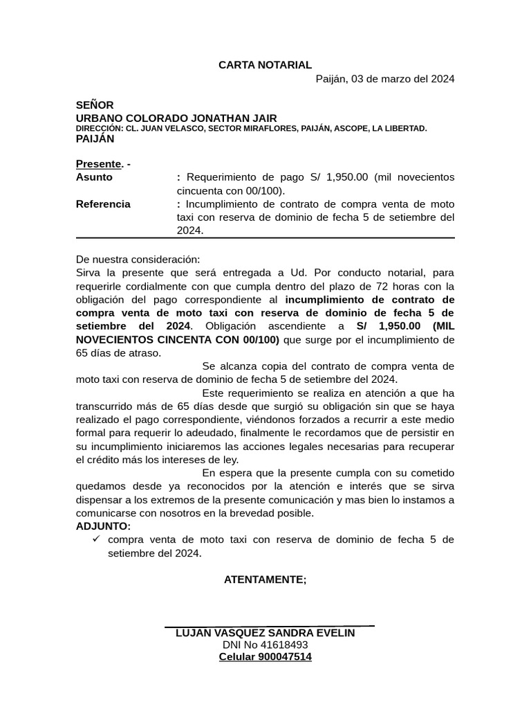 CARTA NOTARIA requerimiento de pago | PDF