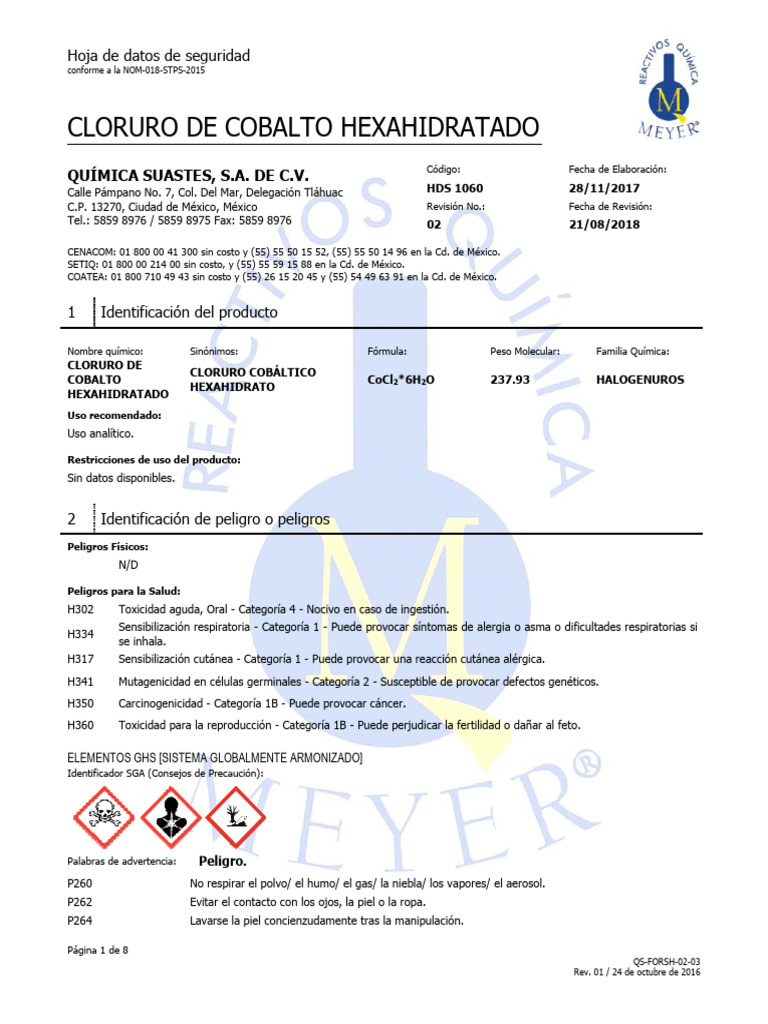 Hoja de Seguridad: Cloruro de Cobalto | PDF | Residuos | Agua