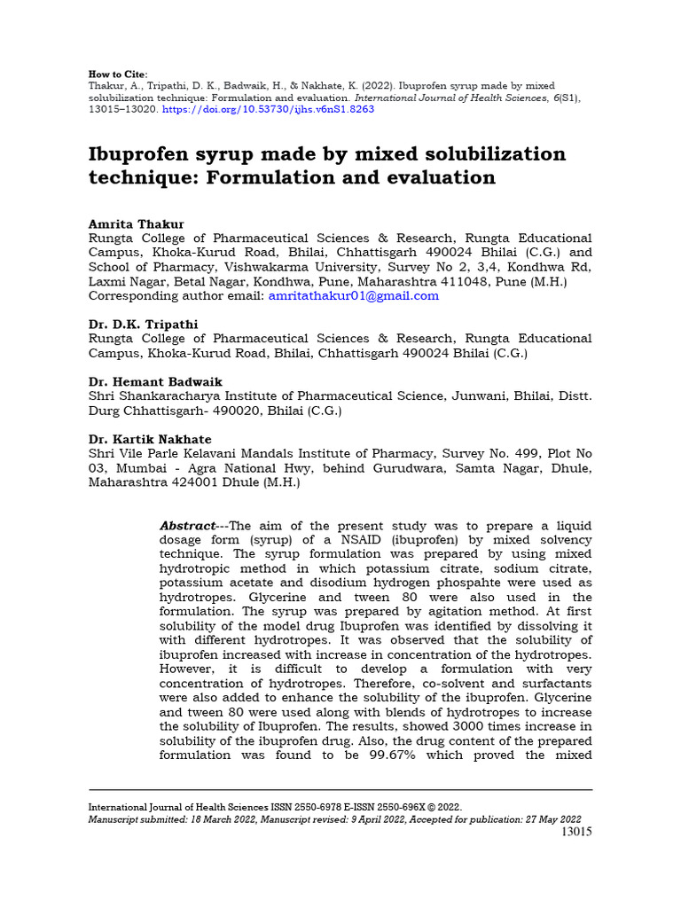 Ibuprofen Syrup Formulation Techniques | PDF | Solubility ...