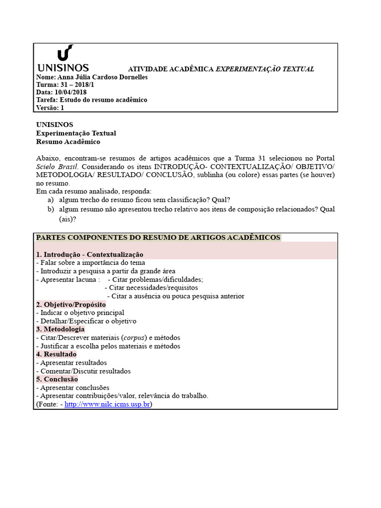 Estudo Do Resumo Acadêmico.doc | PDF | Abstract (resumo) | Asma