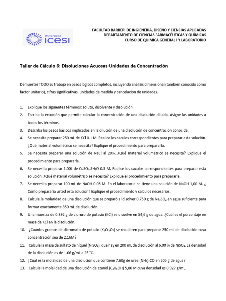 Unidad I Taller 6 2025-1 | PDF | Concentración | Ácido clorhídrico