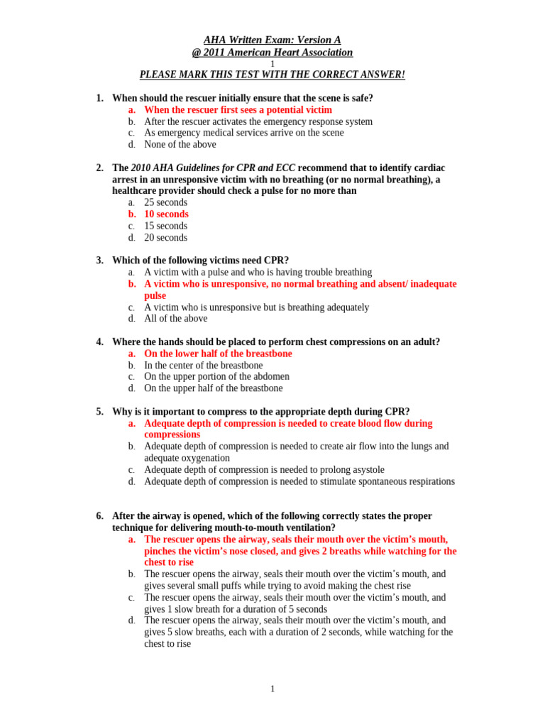 CPR Aha Written Exam | PDF | Cardiopulmonary Resuscitation | Medical ...