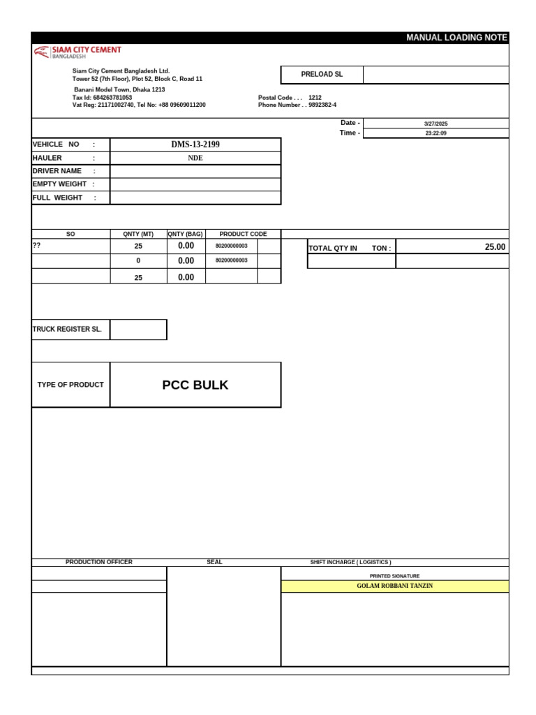 Manual Loading Note for Cement Dispatch | PDF | Land Vehicles | Motor ...