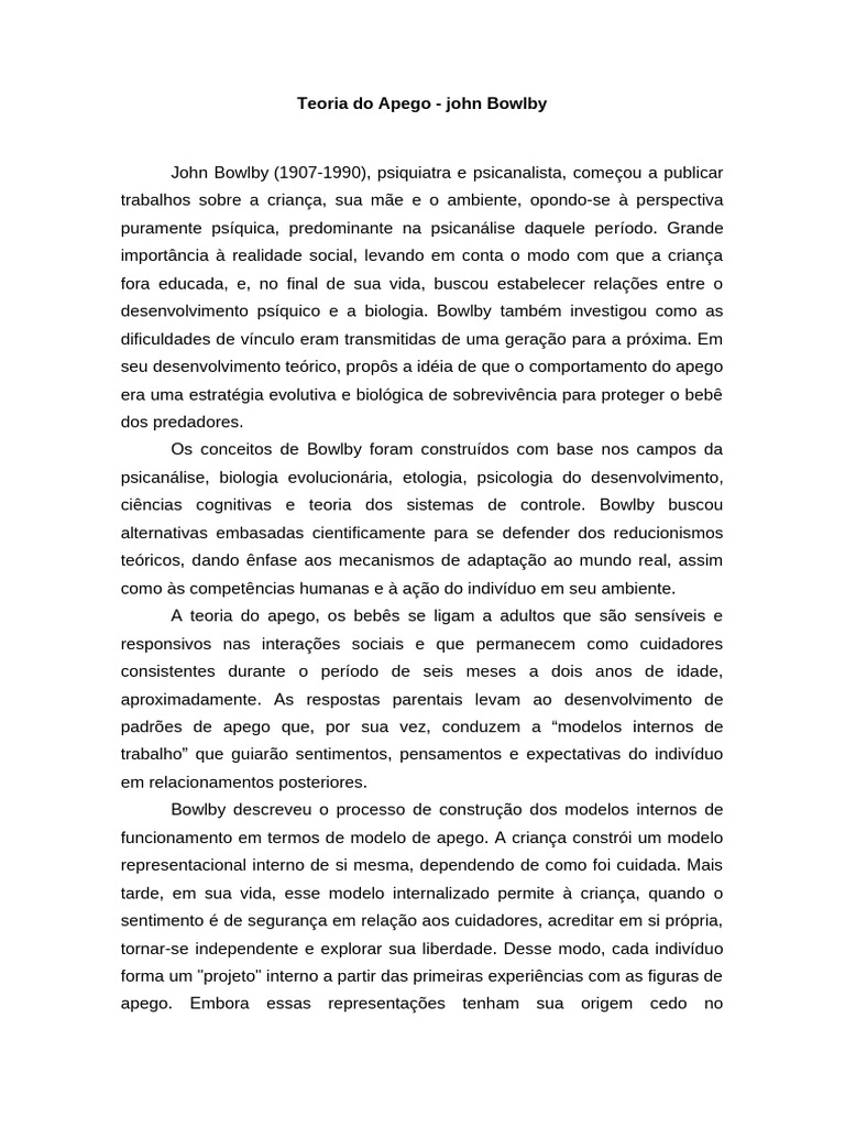 Teoria Do Apego John Bowlby | PDF | Teoria do Apego | Conceitos psicológicos