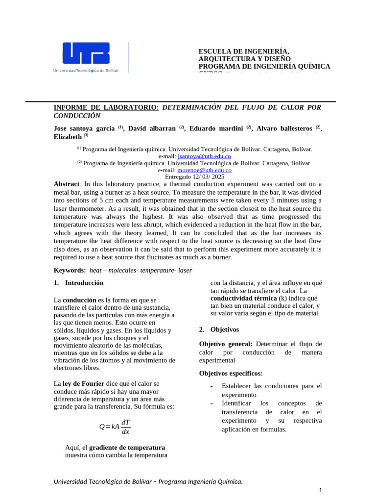 Operaciones Unitarias Informe 1 | PDF | Calor | Conduccion termica