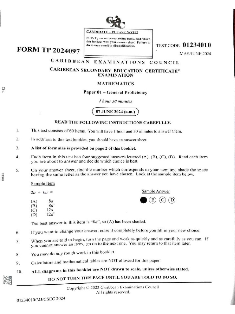 CXC Math 2024 Paper 1 | PDF