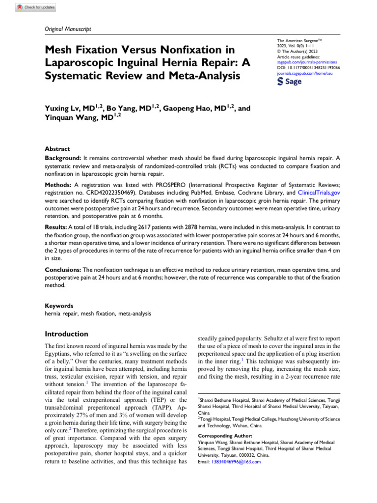 Yuxing LV Mesh Fixation Versus Nonfixation in | PDF | Systematic Review ...