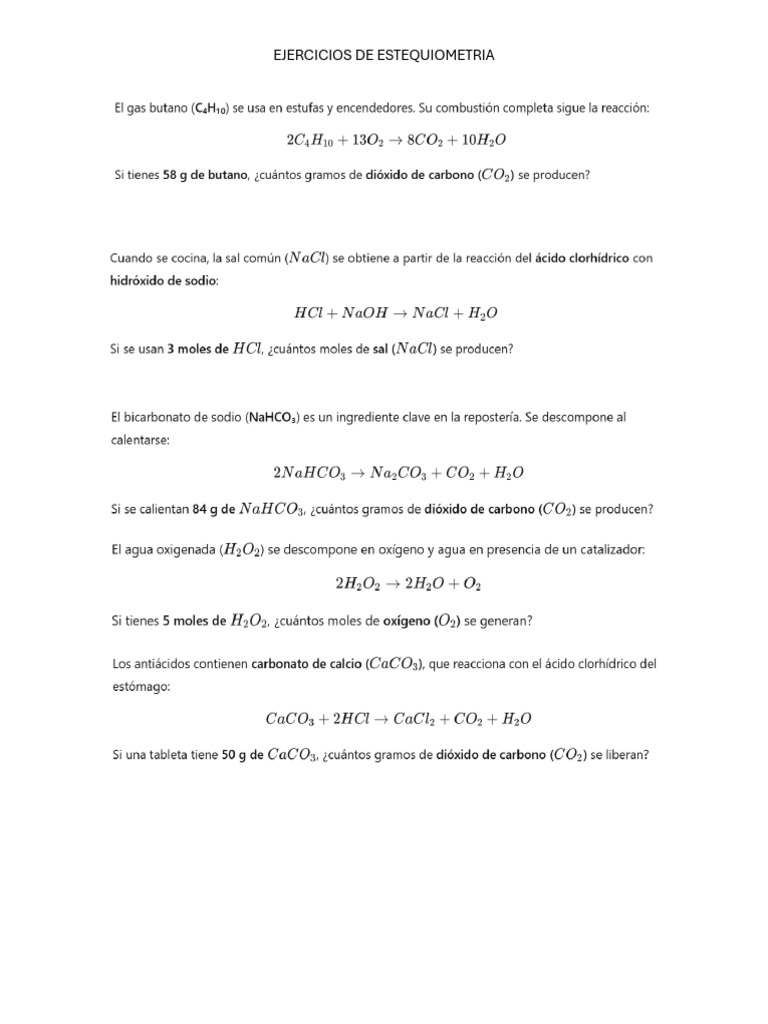 EJERCICIOS DE ESTEQUIOMETRIA | PDF