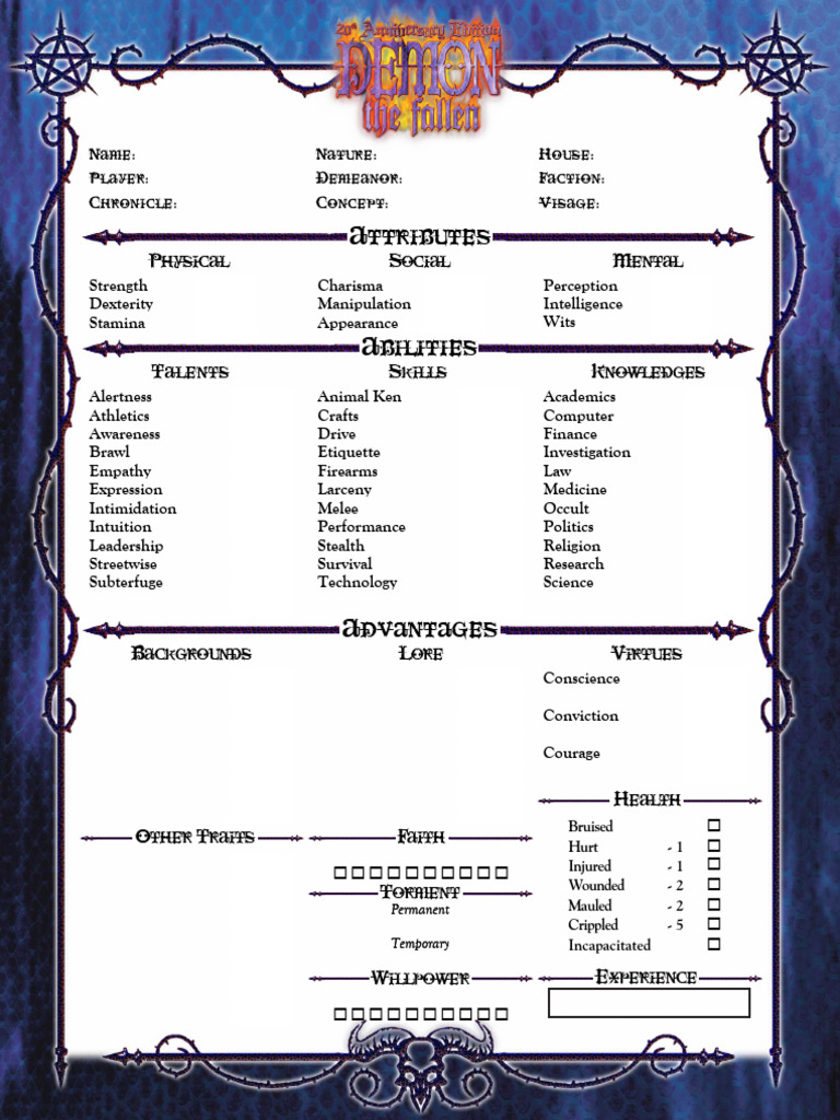 Demon the Fallen Character Sheet | PDF