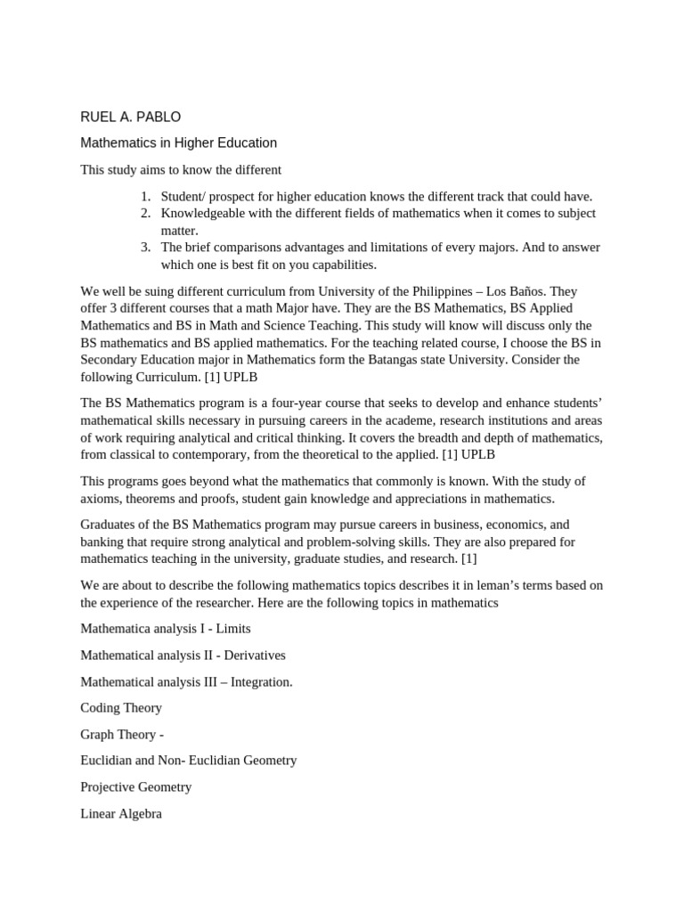 UPLB BS Mathematics Curriculum Overview | PDF
