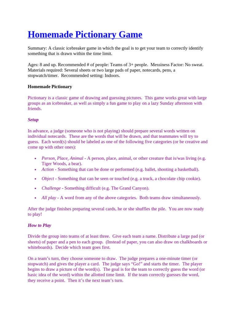 Homemade Pictionary Game | PDF | Card Games | Games Of Mental Skill
