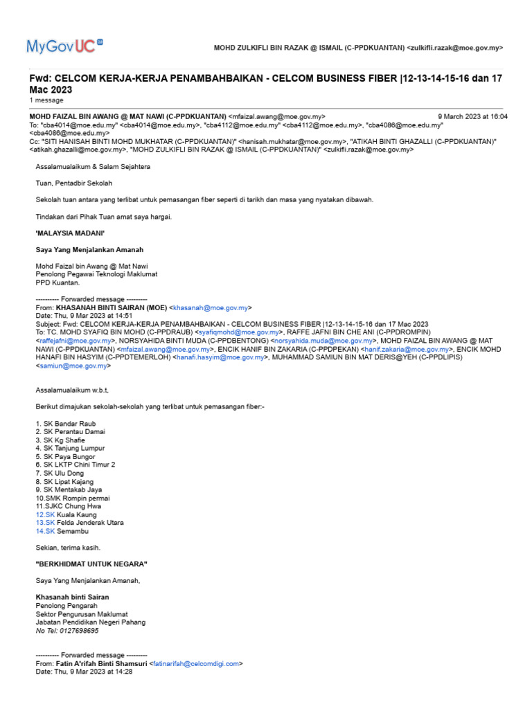 MyGovUC2.0 Mail - FWD - CELCOM KERJA-KERJA PENAMBAHBAIKAN - CELCOM BUSINESS FIBER - 12-13-14-15 ...