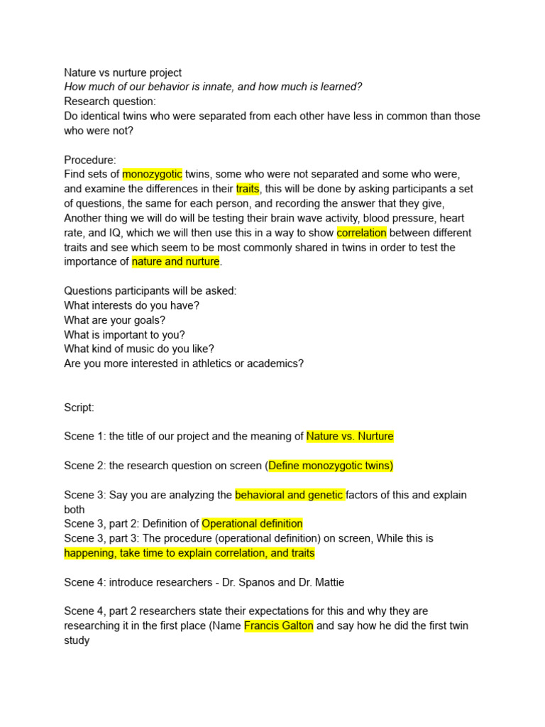 Nature Vs Nurture Project | PDF | Nature Versus Nurture | Psychology