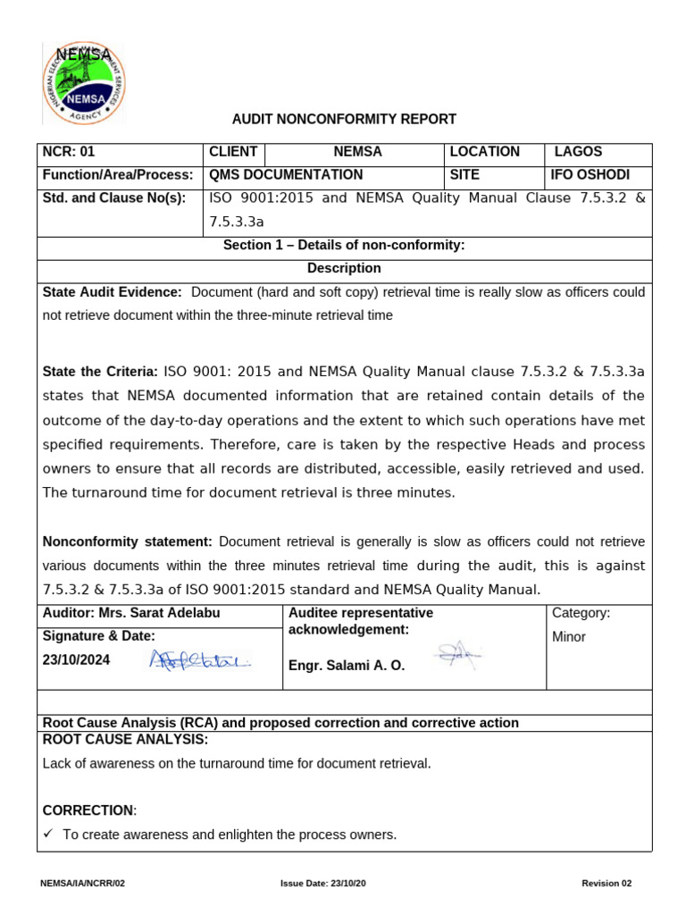 Ifo Oshodi 2024 Int Audit NCR Report | PDF | Audit