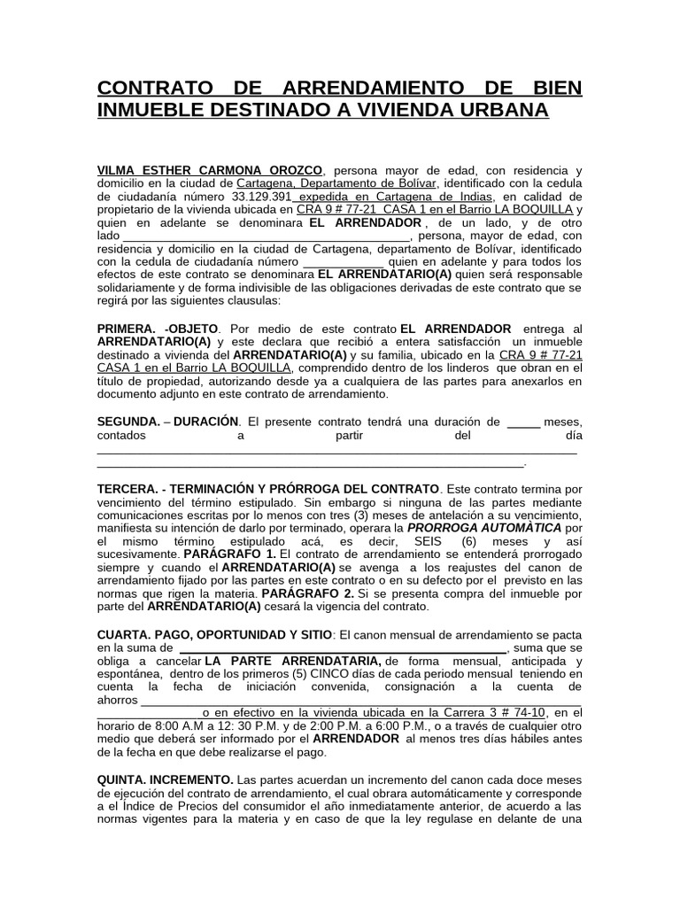 Contrato de Arrendamiento de Bien Inmueble Destinado A Vivienda Cra 9 | PDF | Pagos