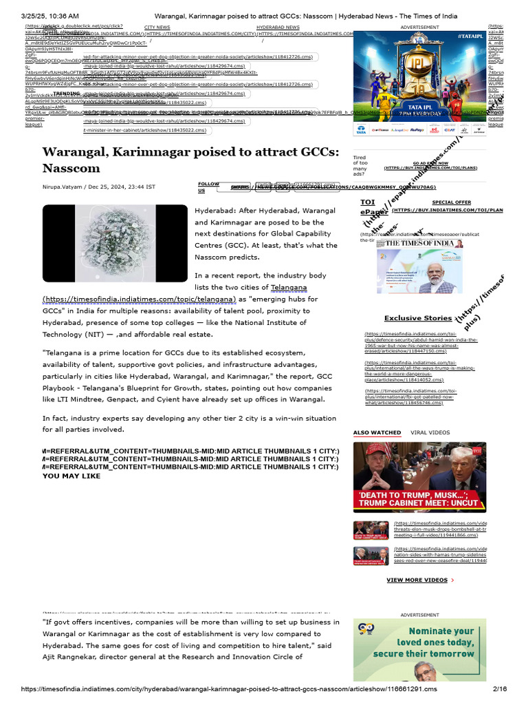 NEWSPAPER - Warangal, Karimnagar Poised To Attract GCCs - Nasscom - Hyderabad News - The Times ...