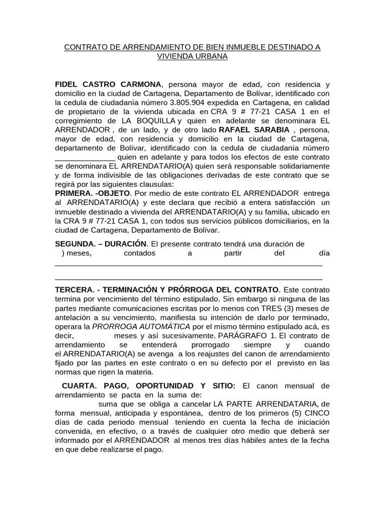 Contrato de Arrendamiento de Bien Inmueble Destinado A Vivienda Urbana | PDF