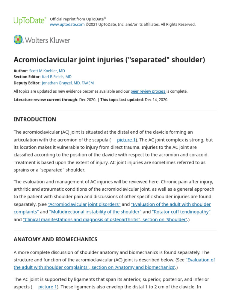 Acromioclavicular Joint Injuries (_separated_ Shoulder) - UpToDate ...