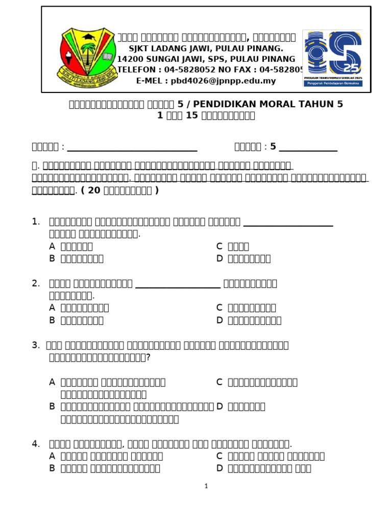 Moral Exam Year 5 Silah | PDF