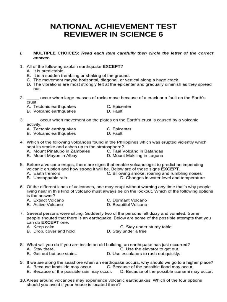 National Achievement Test-Science 6 | PDF | Planets | Volcano
