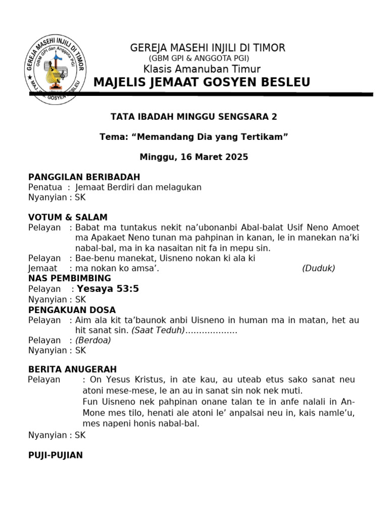 Tata Ibadah Minggu Sengsara 2 | PDF