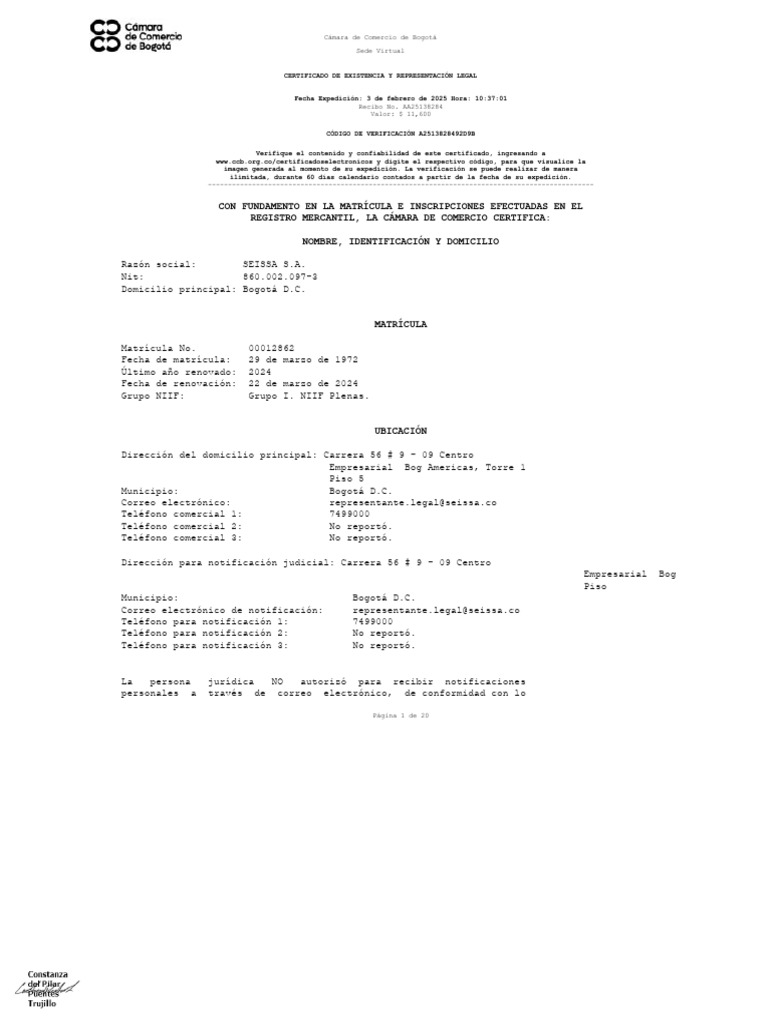 Ccio Seissa Feb 2025 | PDF | Sociedad de responsabilidad limitada | Bogotá