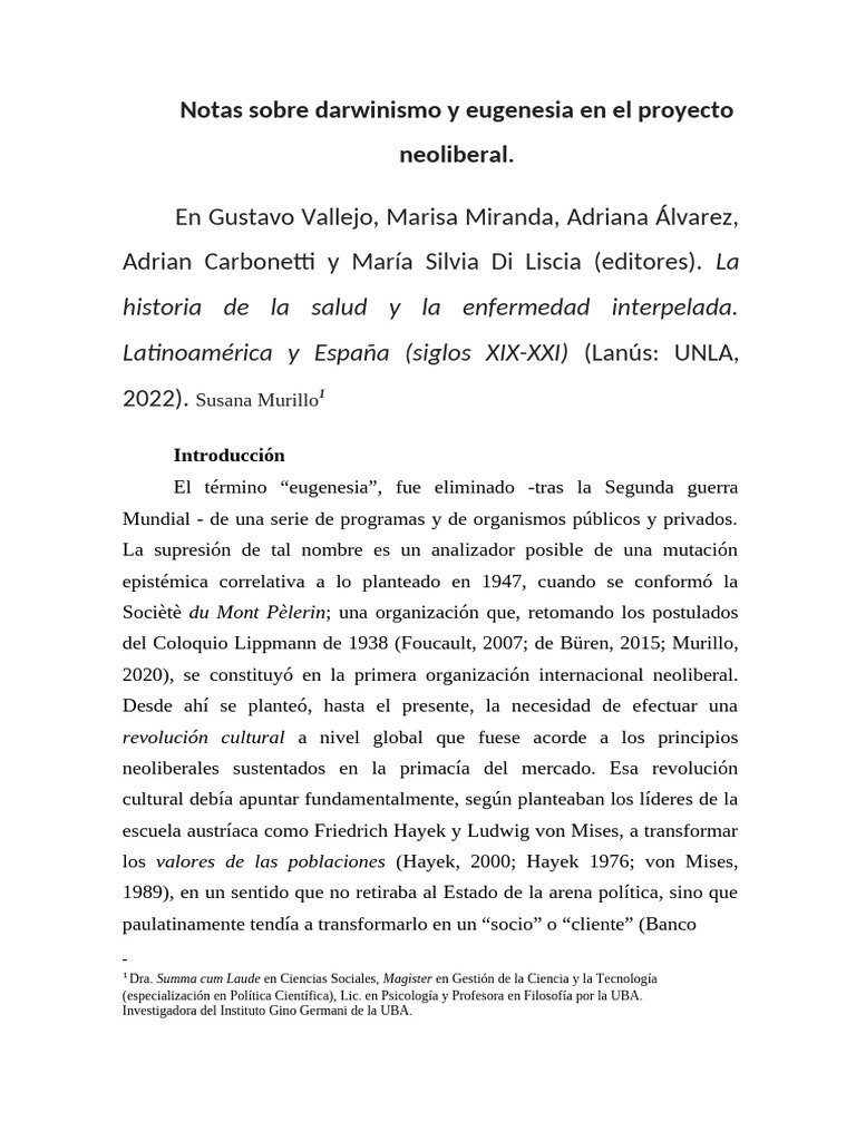Unidad 4 - Murillo. NOTAS SOBRE DARWINISMO Y EUGENESIA EN EL PROYECTO NEOLIBERAL | PDF ...