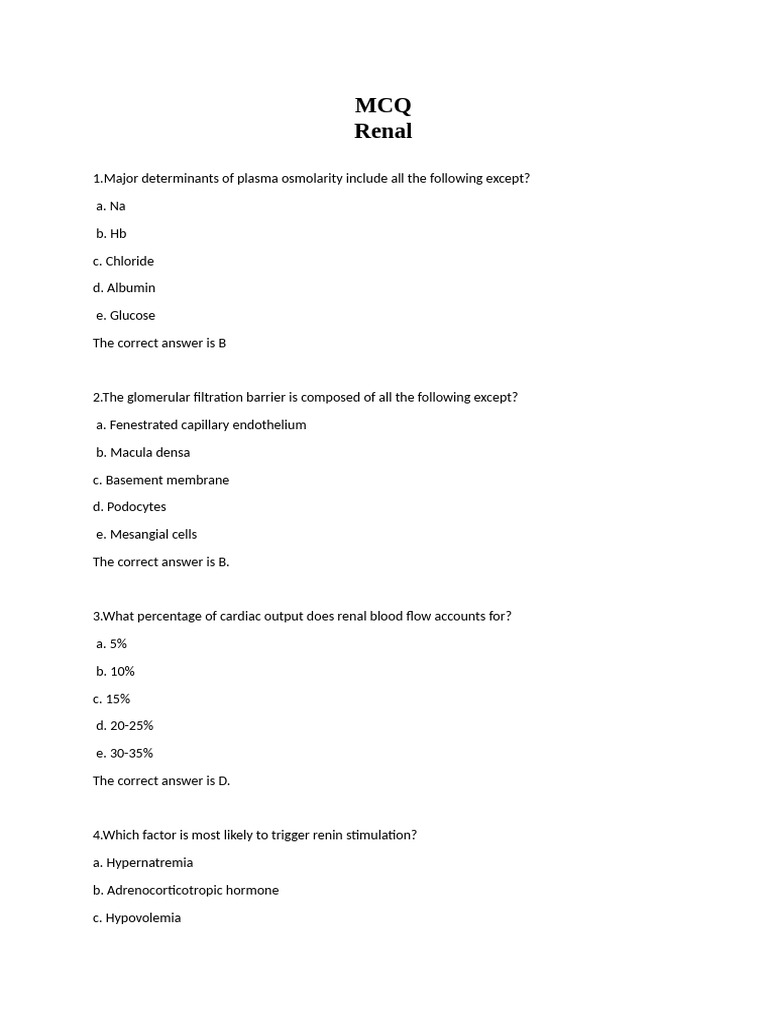 Renal MCQs: Key Concepts and Answers | PDF | Kidney | Endocrine System