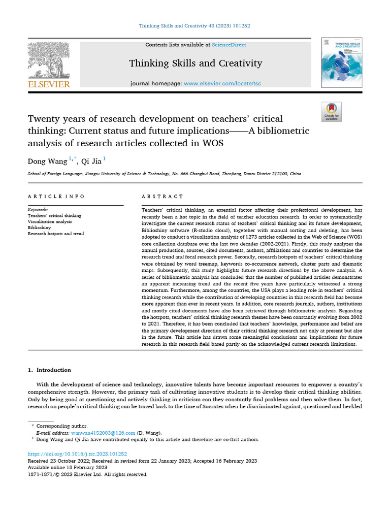 Teachers' Critical Thinking Research Trends | PDF | Critical Thinking | Thought