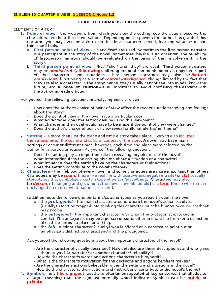 ENG10 Q3 W2 Lesson 1 Notes 1.2 Elements of A Text | PDF | Narration ...
