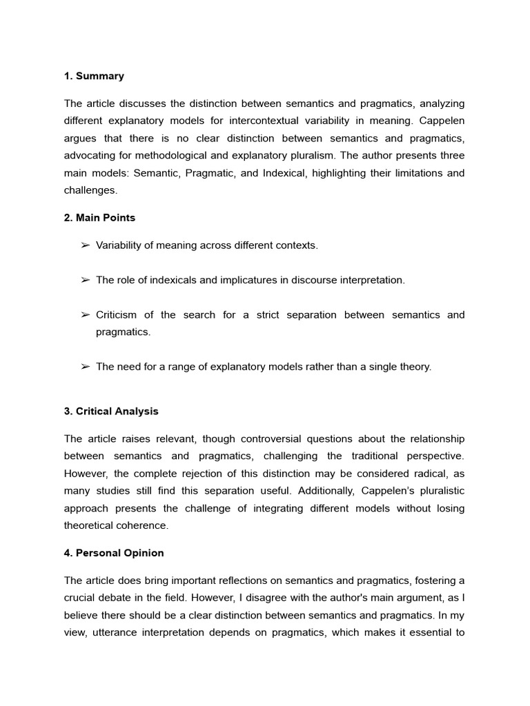 Critical Review of The Article "Semantics and Pragmatics - Some Central ...