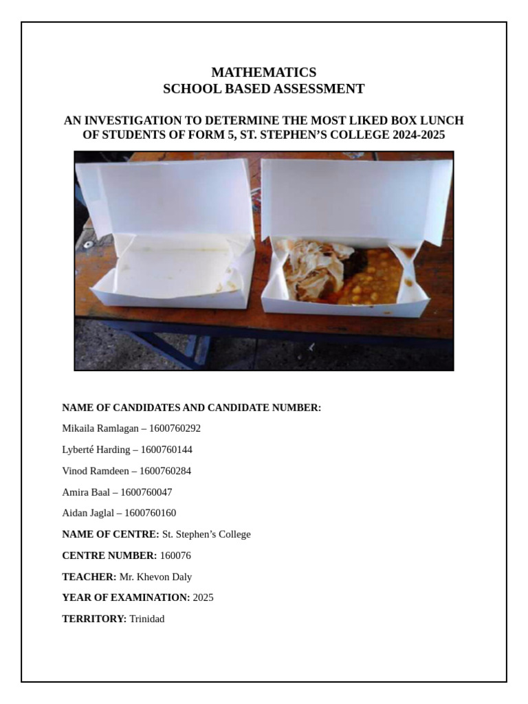 Mathematics SBA completed | PDF | Lunch | Foods