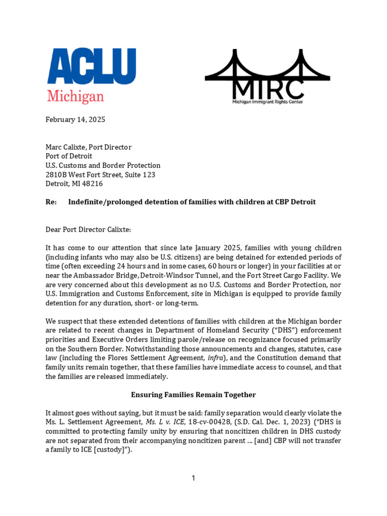 ACLU Michigan sends letter on detention of families with children at ...