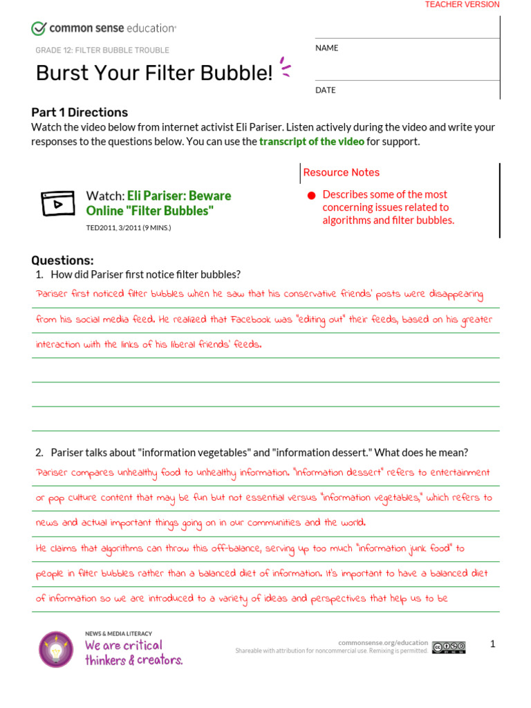 Grade 12 - Filter Bubble Trouble - Burst Your Filter Bubble Student Handout (Teacher Version ...