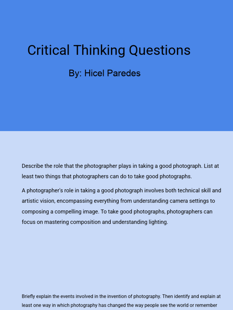 Critical Thinking Questions | PDF | Photograph | Camera