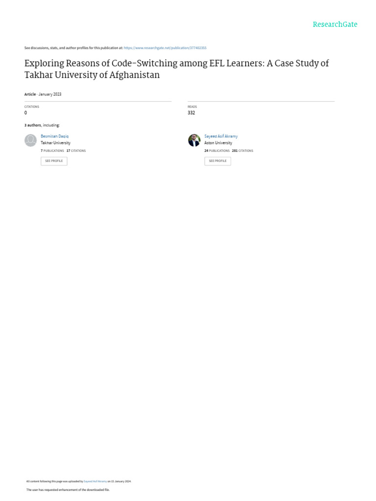 Exploring Reasons of Code-Switching Among EFL Learners: A Case Study of Takhar University of ...