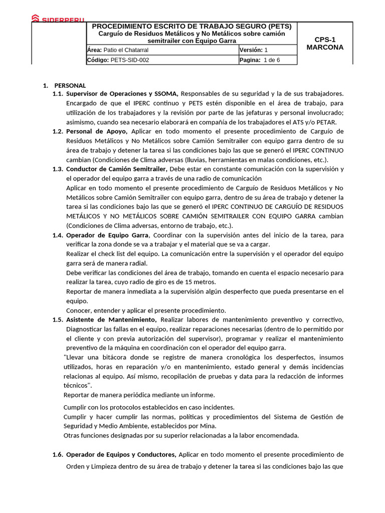Pr-Sso-Sid-002 Carguio de Residuos Metalicos y No Metalicos Sobre Camion Semitrailer Con Equipo ...