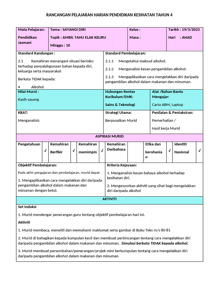 RPH PK TAHUN 4 2023 M10 at ARAS | PDF