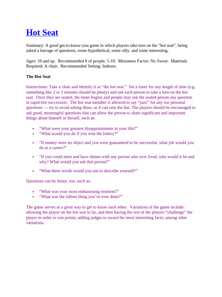Hot Seat Game Instructions and Questions | PDF