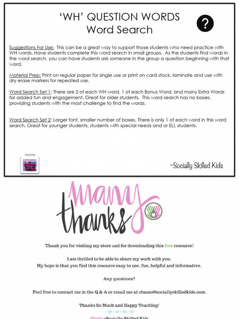 WH' Question Words Word Search: Socially Skilled Kids | PDF