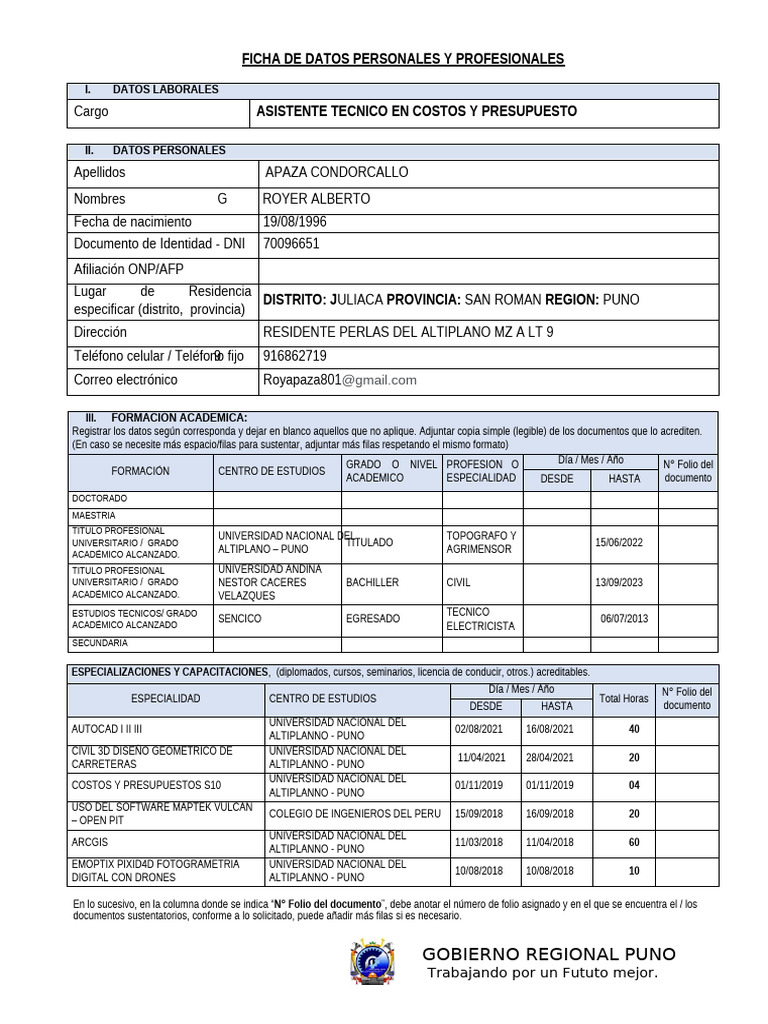 Ficha para RR - HH Royer Arbeth Apza Condocallo | PDF