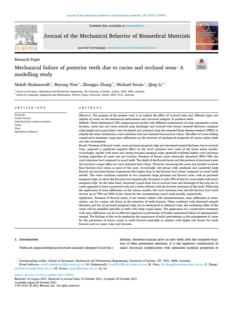 Mechanical Failure of Posterior Teeth Due To Caries and Occlusal Wear - A Modelling Study | PDF ...