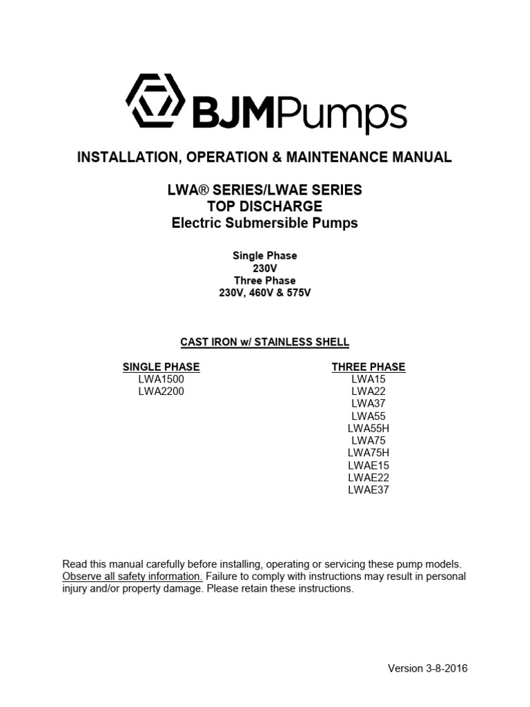 BJM Pumps Lwa Series Submersible Pump Operating Manual | PDF | Pump ...