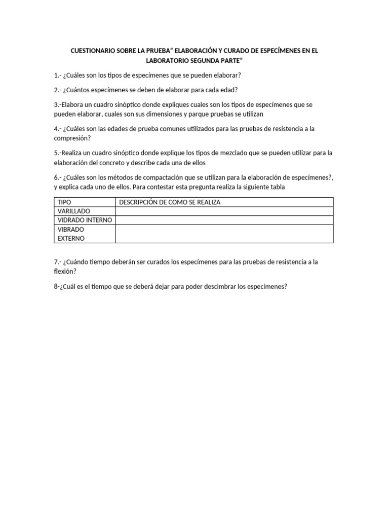 Cuestionario Elaboracion de Especimenes Segunda Parte | PDF