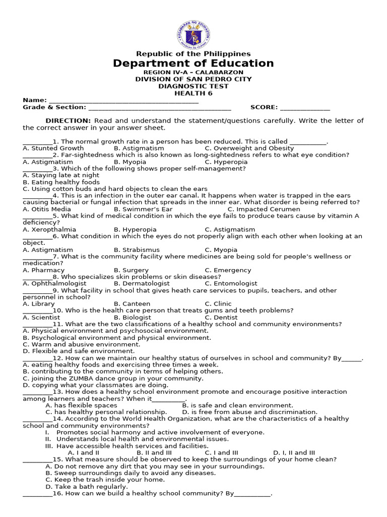 Health Diagnostic Test for Grade 6 | PDF | Over The Counter Drug ...
